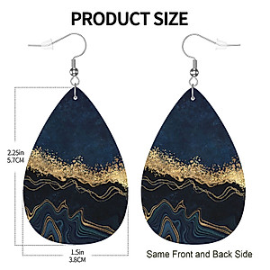 Blue Marble Earrings Faux Leather Teardrop Dangle Earrings Lightweight Leaf Earring for Women Teen Girls