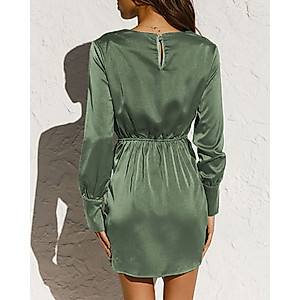 BTFBM Women Casual Long Sleeve Ruched Wrap Dress Crew Neck Tie Waist Short Dress Solid Color Mini Dress Satin Cocktail Dress(Solid Army Green,Large)