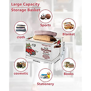 Christmas Cube Storage Organizer Bins with Handles,1PC 15x11x9.5 Inch Collapsible Canvas Cloth Fabric Storage Basket,Xmas Red Truck Winter Snowy Tree Poinsettia Flower Kids' Toys Bin Boxes for Shelves