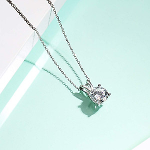 FANCIME 14k Solid White Gold Round 4 Prong 1 Carat Moissanite Simulated Diamond 6.5mm D-E Color VVS Clarity Pendant Necklace For Women, 16" + 2" Extender