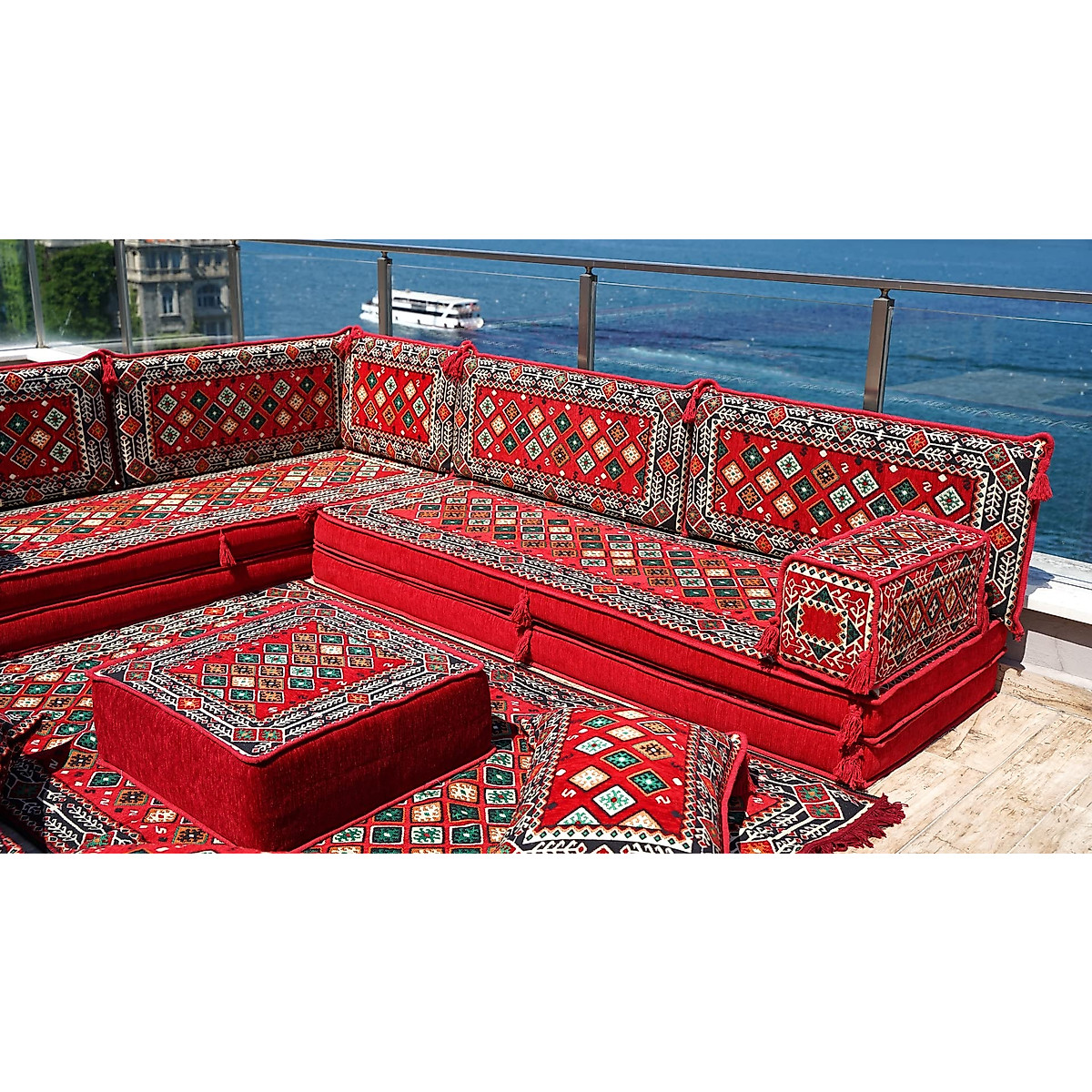 8" Thicknesse L Shaped Floor Couch, Arabic Sofa Seating, Floor Pillow, Corner Floor Couch, Sectional Sofa Set, Patio Furniture, Arabic Majlis (L Sofa + Rug + Poufs)