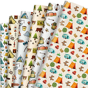 Whaline 12 Sheet Camping Wrapping Paper Tent Bear Tree Mountain Gift Wrap Paper Folded Flat DIY Craft Art Paper for Camp Theme Party Decor Wrapping Supplies