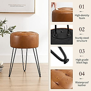 LUE BONA Faux Leather Vanity Stool Chair for Makeup Room， Brown Stool for Vanity, 19” Height, Tufted Small Vanity Chair Stool with Metal Legs, Modern Foot Stool Ottoman for Bedroom, Living Room