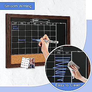 4 THOUGHT Chalkboard Calendar Corkboard Combo, 12" x 16" Small Bulletin Board Magnetic Calendar Chalkboard for Wall Combination Board Monthly Planner Rustic Brown Frame 1 Markers 6 Magnets 4 Pushpins