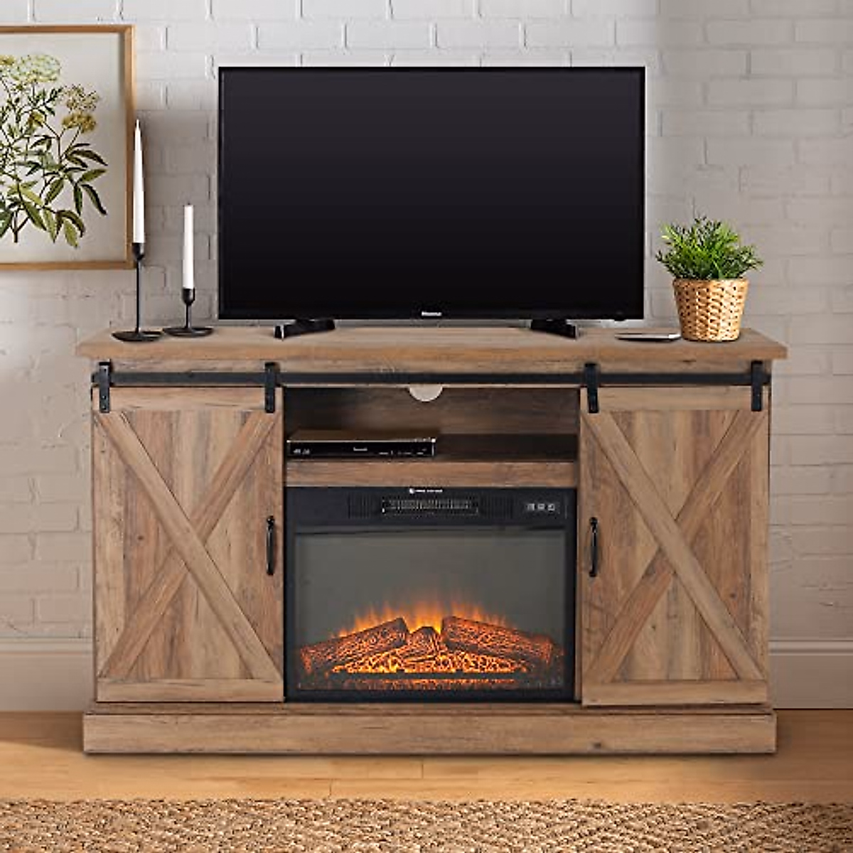 MAISON ARTS 47" Fireplace TV Stand with Electric Fireplace Inserts Farmhouse Barn Door Media Console Table Entertainment Center for TVs Up to 55" for Home Living Room Bedroom, Oak
