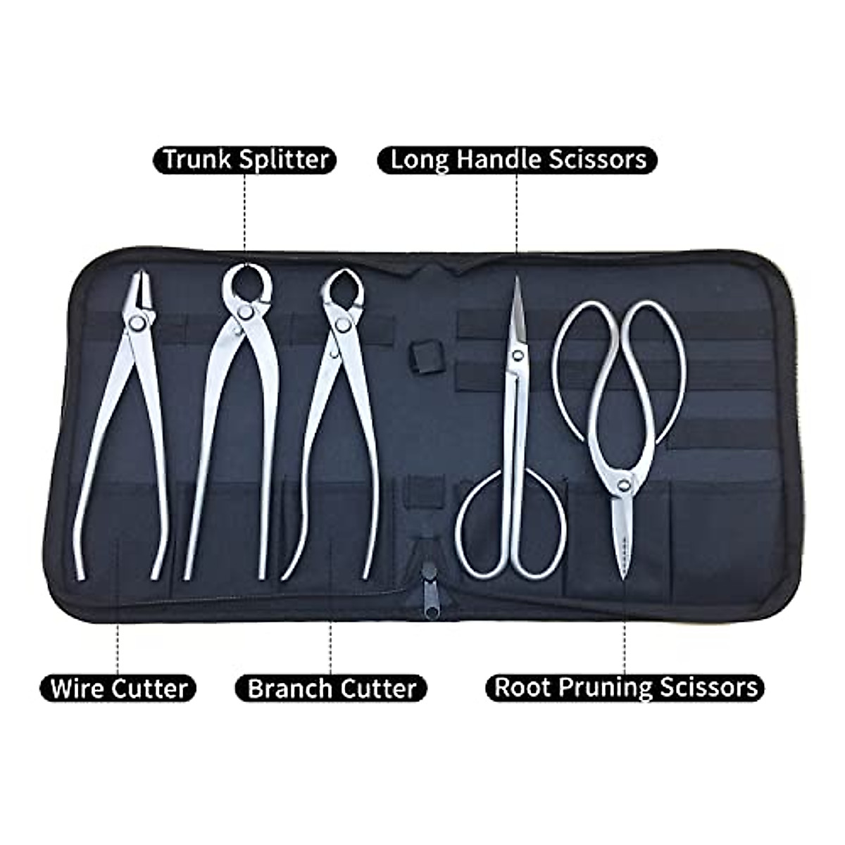 YUEWO Bonsai Tool Kit 5 Pcs 8" Master's Grade for Bonsai Tree with Jin Pliers, Root Cutter, Knob Cutter Concave, Long Handle Scissors, Root Pruning Scissors