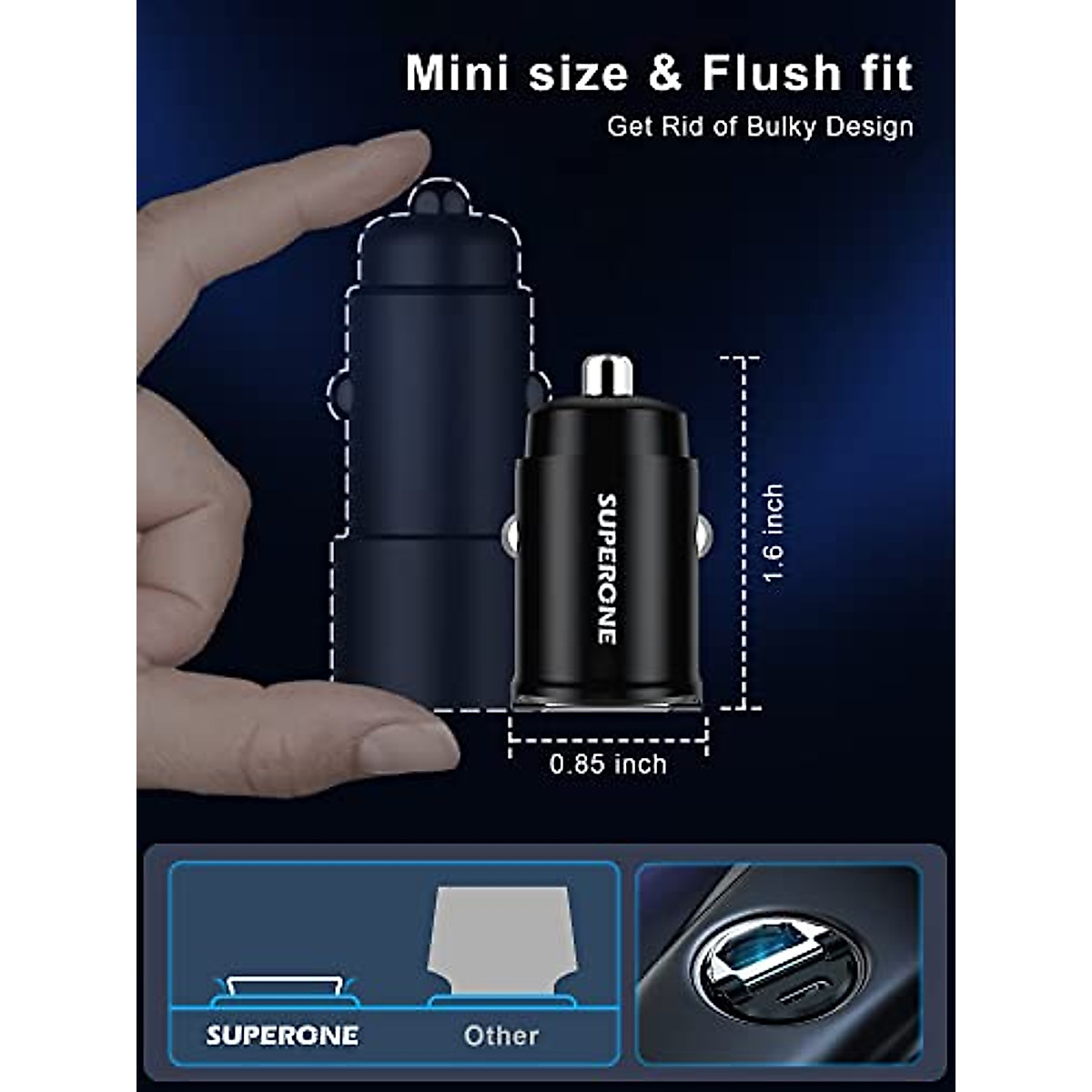 Smallest USB C Car Charger Fast Charge, SUPERONE 60W [Flush Fit] Aluminum Alloy Car Charger PD 30W & QC 30W Cigarette Lighter Compatible with iPhone 14 Pro Max/13/12/11, Samsung S22/S21, iPad, MacBook