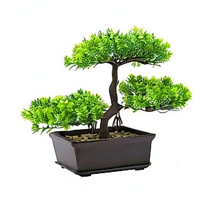Rozwkeo Artificial Bonsai Tree, Small Pine, 11.4x8.6in, Plastic, Green, Decor, All Seasons, Pot