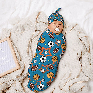 Midaivu Basketball Football Baseball Soccer Newborn Swaddle Blanket with Hat Sets Newborn Receiving Blanket for Boy Girl Swaddle Sack Shower Infant Gift