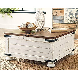 Signature Design by Ashley Wystfield Farmhouse Square Storage Coffee Table with Hinged Lift Top, Distressed White and Chair Side End Table with Cabinet Door for Storage, White & Brown
