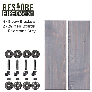 Industrial Pipe Wooden Shelves Restore by Pipe DÉCOR Premium Douglas Fir Wood Shelving 24-in Length Set of 2 Boards and 4 L Brackets Riverstone Grey Finish