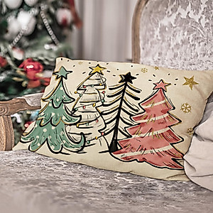 Fjfz Christmas Tree Lumbar Decorative Throw Pillow Cover 12 x 20, Rectangular Pink Green Xmas Polka Dot Stripe Snowflake Outdoor Home Decor, Golden Stars Winter Holiday Seasonal Farmhouse Cushion Case
