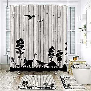 AtGoWac 4 Pieces Dinosaur Shower Curtain Sets with Rugs, Jurassic Dinosaurs Silhouette with Grey Wood Texture Background Shower Curtain Dinosaur Bath Mat Kids Bathroom Decor Sets