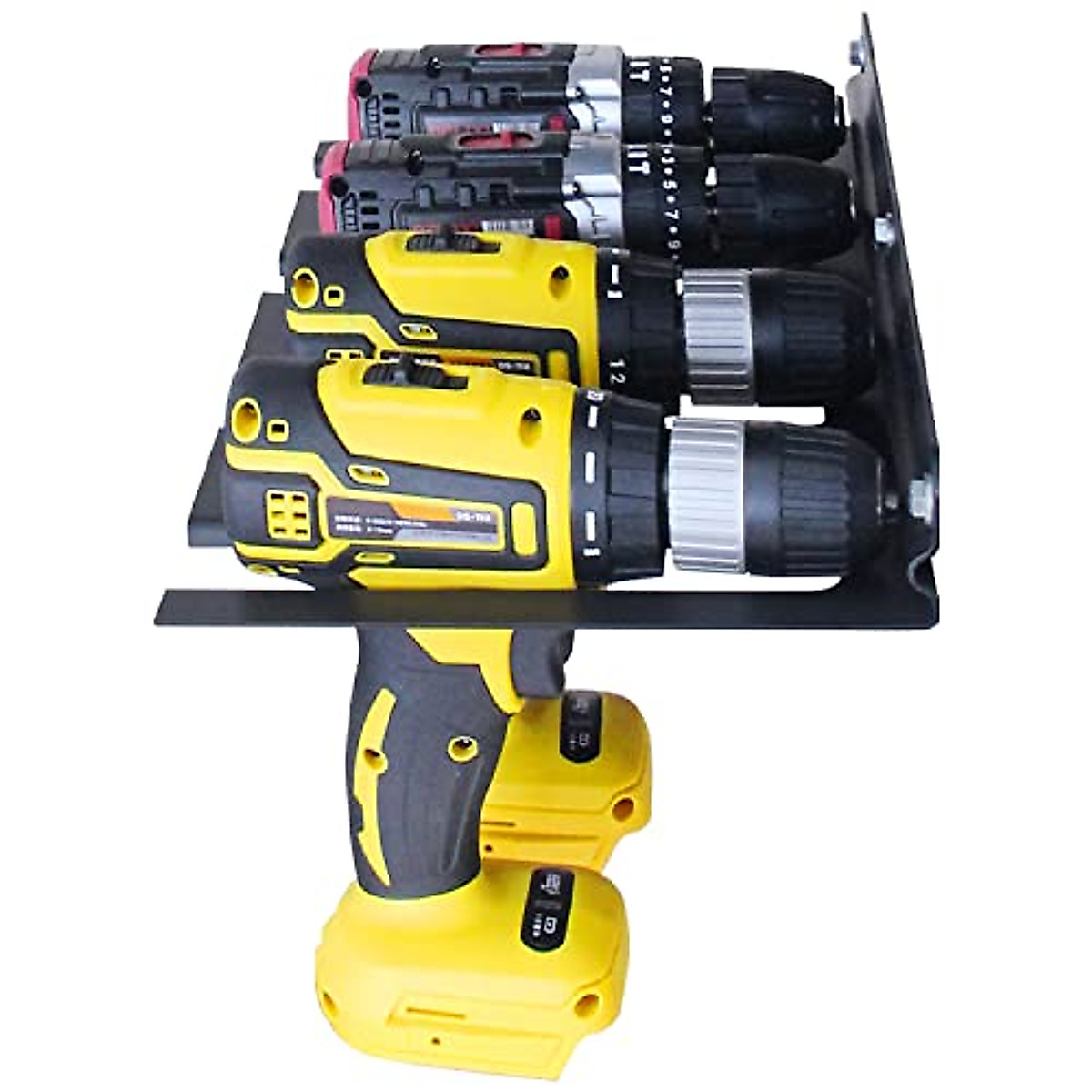 MIND&ACTION Cordless Drill Storage Rack Holds 4 Drills, Power Tool Storage Organizer Wall Mount Storage Holder for Garage, Workshop, Shed, Made of Heavy Duty Aluminum (Rack)