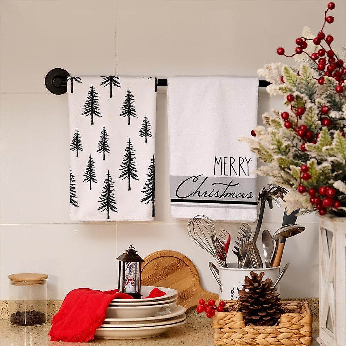ARKENY Christmas Dish Towels for Christmas Decor Black Xmas Tree Kitchen Towels 18x26 Inch Grey Stripe Washcloths Seasonal Merry Christmas Hand Towel for Bathroom Set of 2 AD015