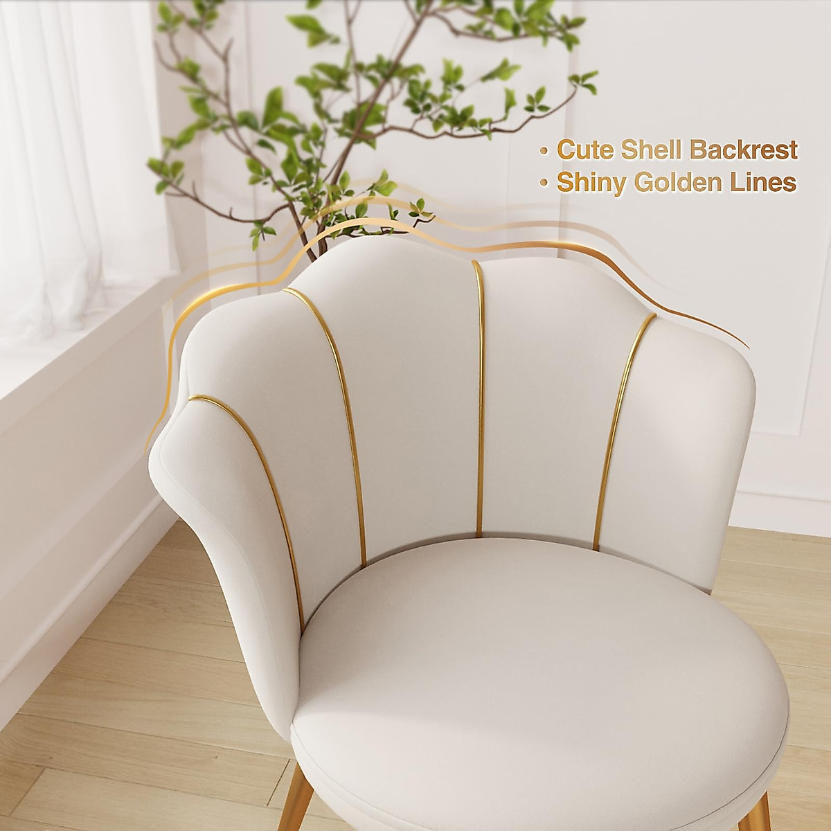 FiveWillowise Living Room Chairs, Mid Century Modern Accent Chair, Preppy Dining Chair, Upholstered Velvet Chair with Gold Legs, Cute Vanity Chair with Back for Bedroom, Study, Waiting Room, Beige