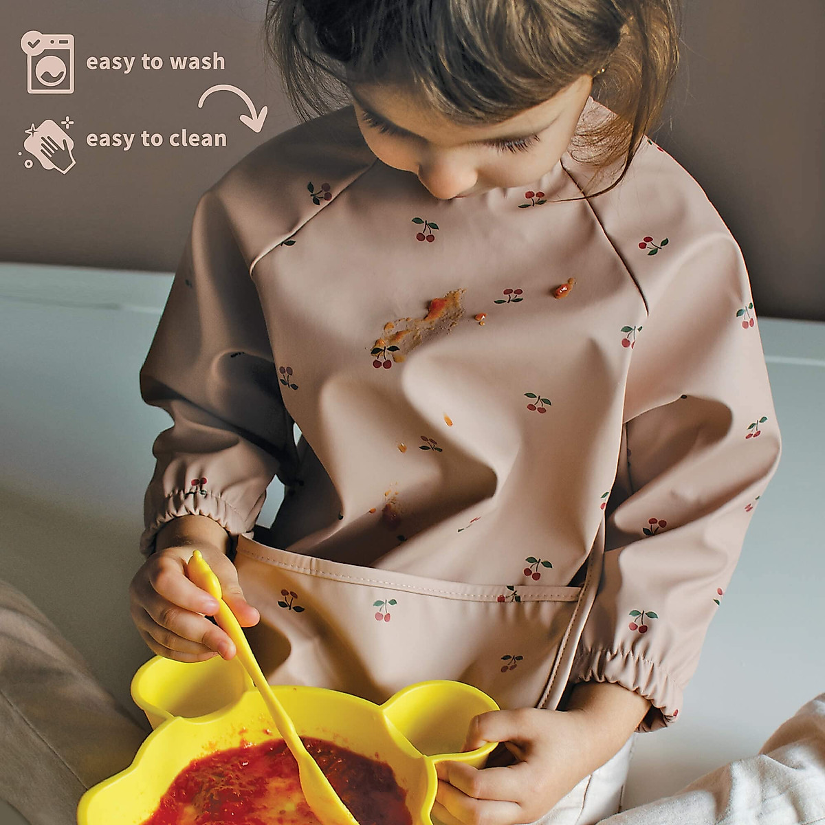 Long Sleeve Bib, Baby Toddler Bib, 6-24 Months, Waterproof Mess-Proof Fabric, Art Smock, Catch-All Pocket, Feeding Bib (Light Brown Cherries)