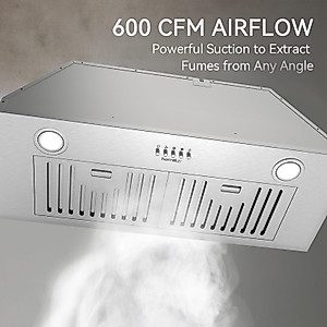 Hermitlux 30 inch Built-in/Insert Range Hood, 600 CFM 3 Speed Vent Hood, Ducted/Ductless Convertible, Stainless Steel with Bright LED Light, Baffle Filters and Charcoal Filters