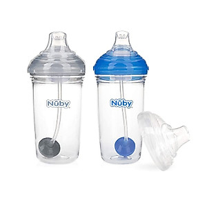 Nuby Tritan No-Spill Trainer Cup with Silicone Spout & 360 Weighted Straw with Hygienic Cover, 2 Pack (Blue, Gray)