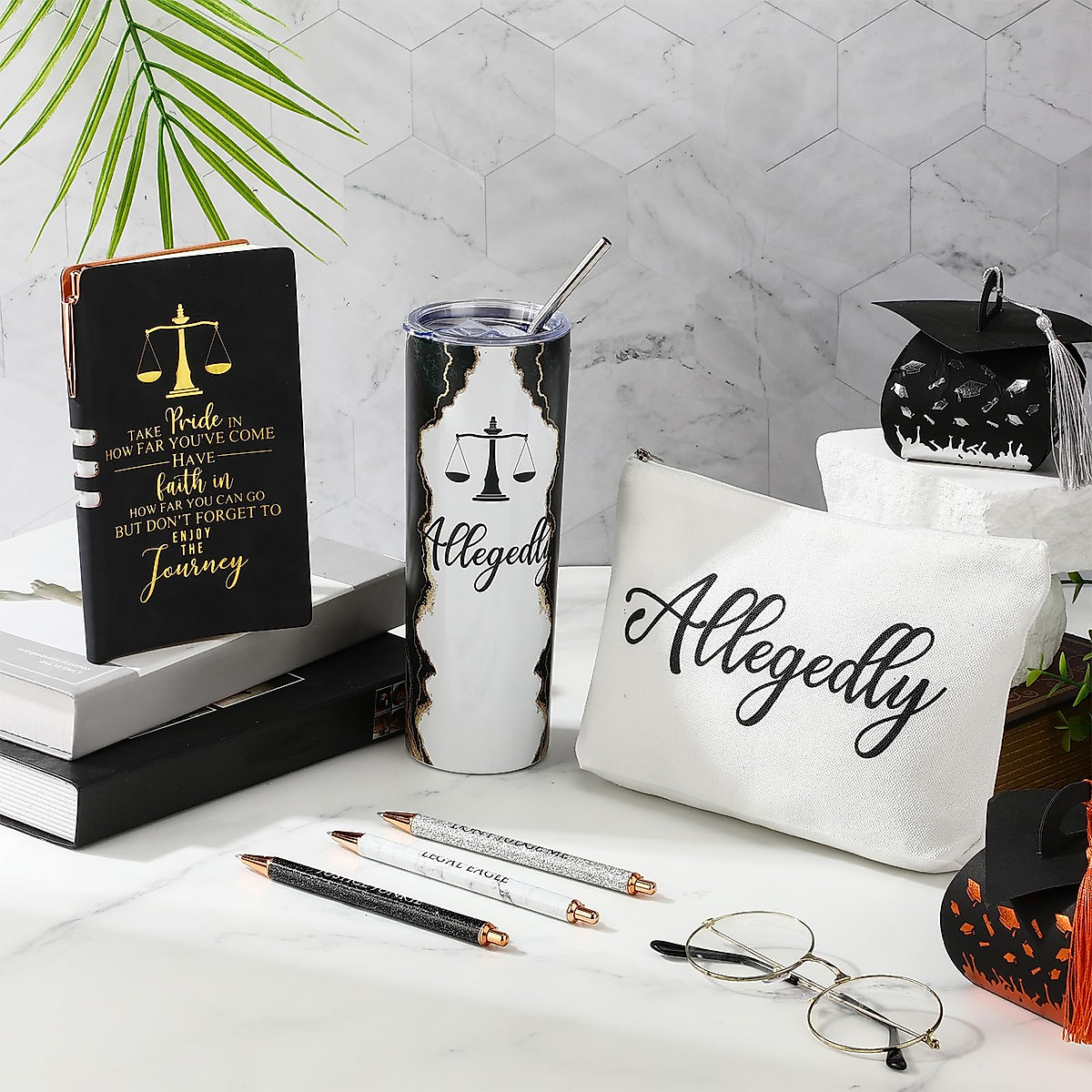 Domensi 6 Pcs Funny Allegedly Lawyer Gifts Judge Gift Lawyer Appreciation Day Gift 20 oz Marble Sign Tumbler Makeup Bag Notepad Ballpoints for Law Paralegal School College Teacher(Black)