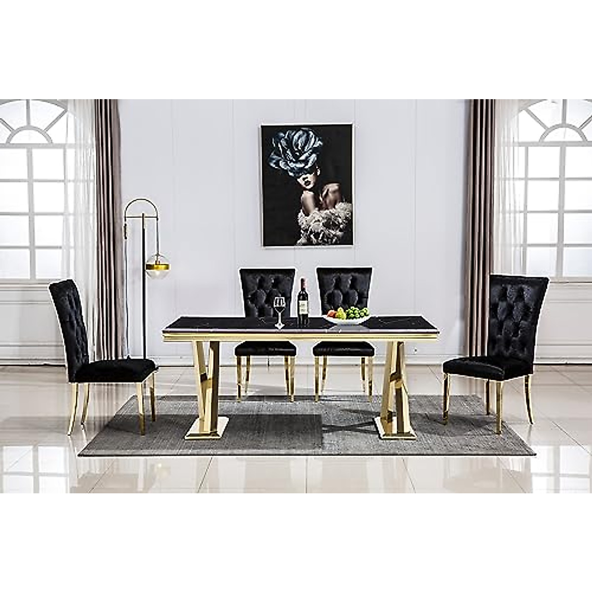 AZhome Dining Chairs Set of 4, Black Velvet Upholstered Dining Room Chairs with Button Tufted, Gold Stainless Steel Legs