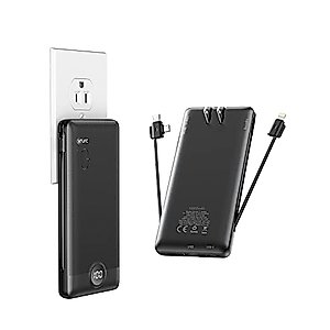 Portable Charger with Built-In Cables and AC Wall Plug,VRURC 10000mAh Phone Charger,5 Output & 2 Input LED Display External Battery Pack,Ultra Slim USB C Power Bank Compatible with Smart Devices-Black