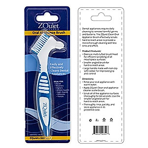 ZQuiet Clean Denture Brush for Dental Devices (Mouth Guard, Retainer, Mouthpiece, False Teeth), Multi-Layered Bristles, No-Slip Ergonomic Handle Dental Appliance Cleaning Brush Tooth Brush, White/Blue
