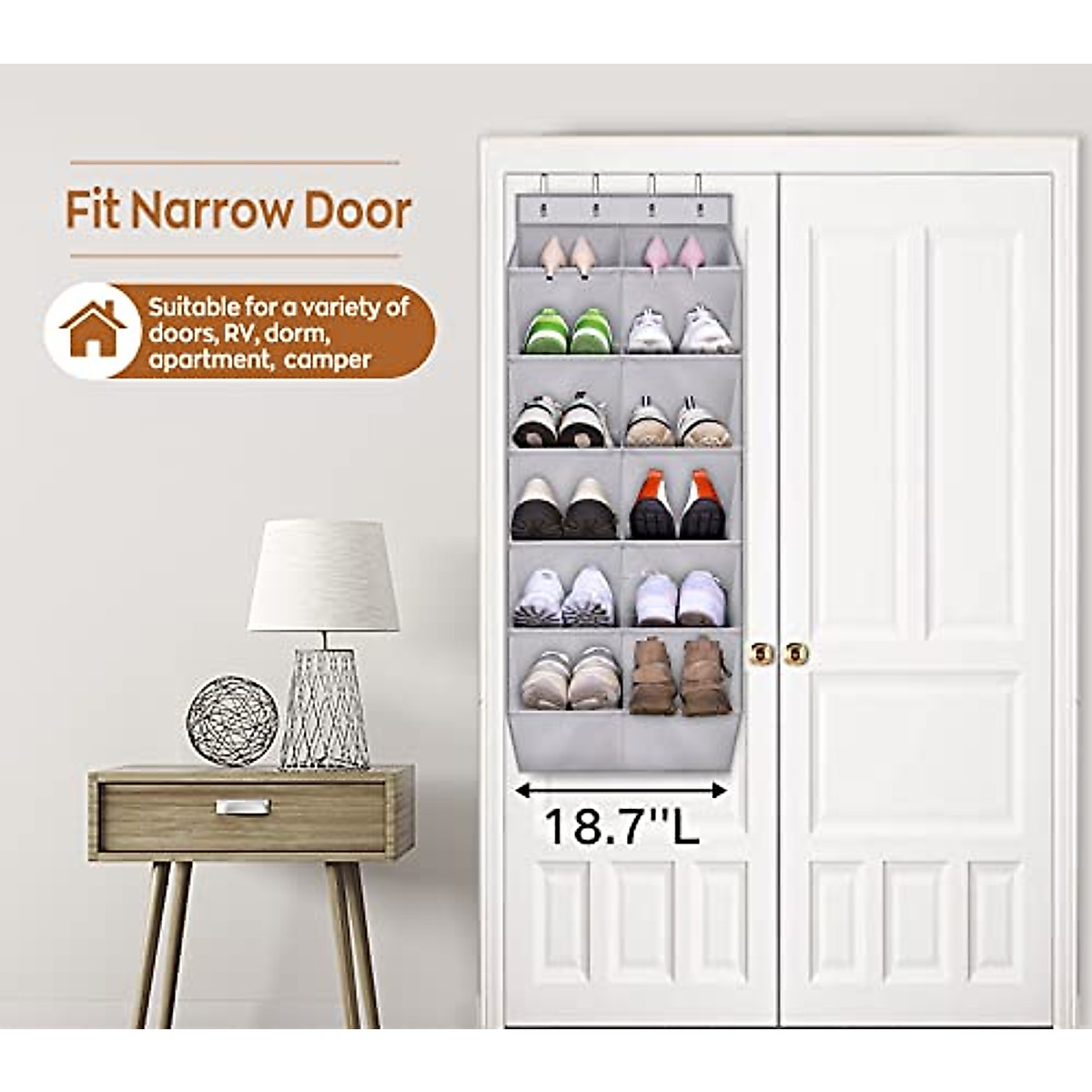 SLEEPING LAMB Hanging Shoe Organizer for Closet, Over The Door Shoe Rack Fit Narrow Door for 12 Pairs Sneakers, Boots, Grey