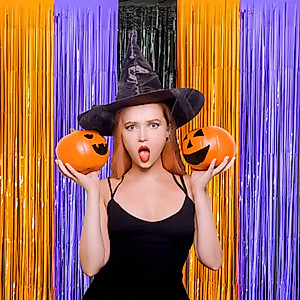LOLStar 5 Pack Orange Purple Black Photo Booth Props,3.3 X 6.6 ft Halloween Foil Fringe Curtains,Halloween Party Photo Backdrop Streamer Backdrop for Halloween Party Decoration