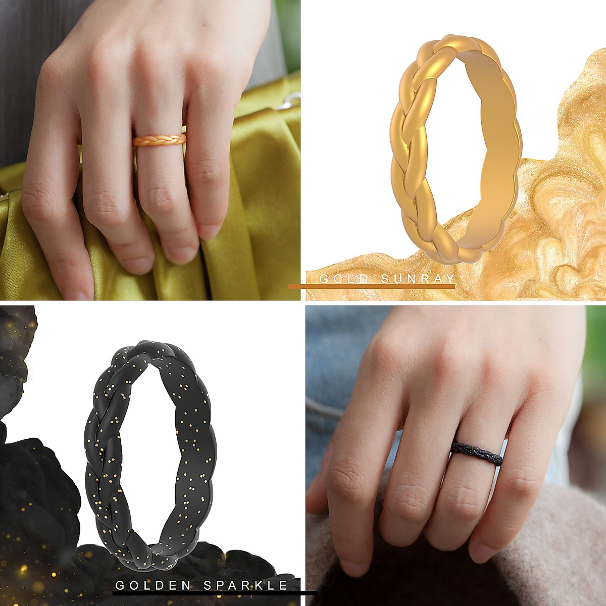 ThunderFit Silicone Wedding Bands for Women, Thin Braided Design 3.3mm Wide 1.8mm Thick - 1/4/7/8 Variety Multipack (Bronze, Black-Gold Glitter, Rose Gold, Gold - Size 7.5-8 (18.2mm))