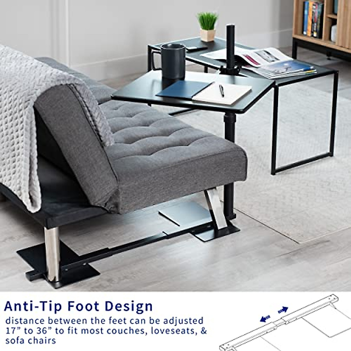 VIVO 20 inch Over Couch Swivel Table, Laptop Desk for Remote Work, Portable Recliner Workstation with Height Adjustable Swing Arm, Black, DESK-ST01C