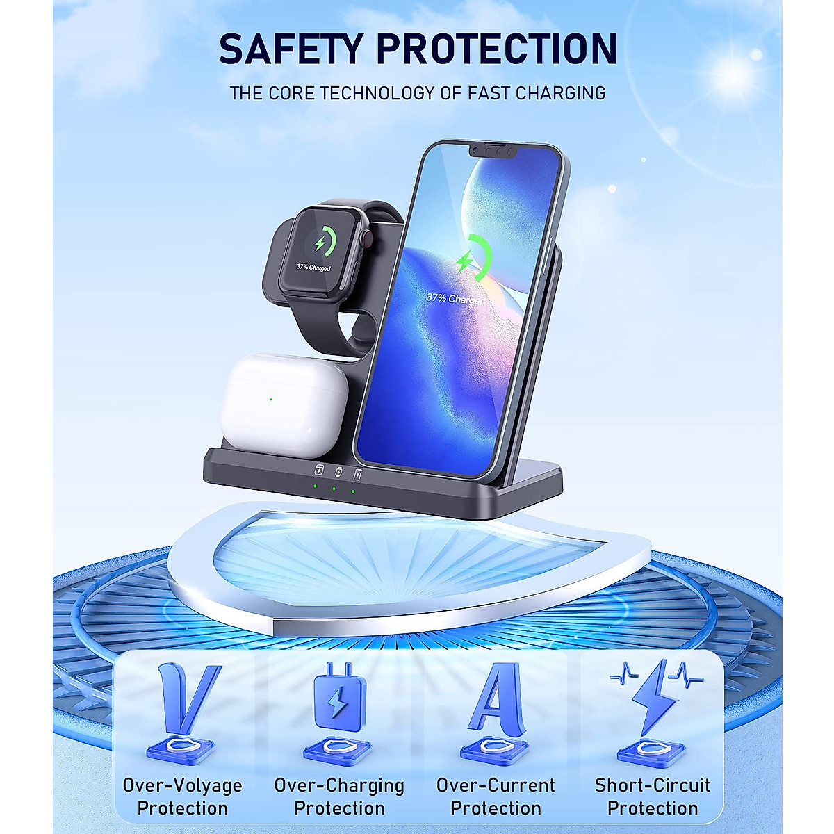 3 IN1 Wireless Charging Station Apple,20W Fast Wireless Charger Stand, iPhone Wireless Charger Station Dock for iPhone14-11/Pro/Max/Mini/X/XR/8/Plus,Airpods Pro/3/2,Apple Watch Series (18W Adapter)