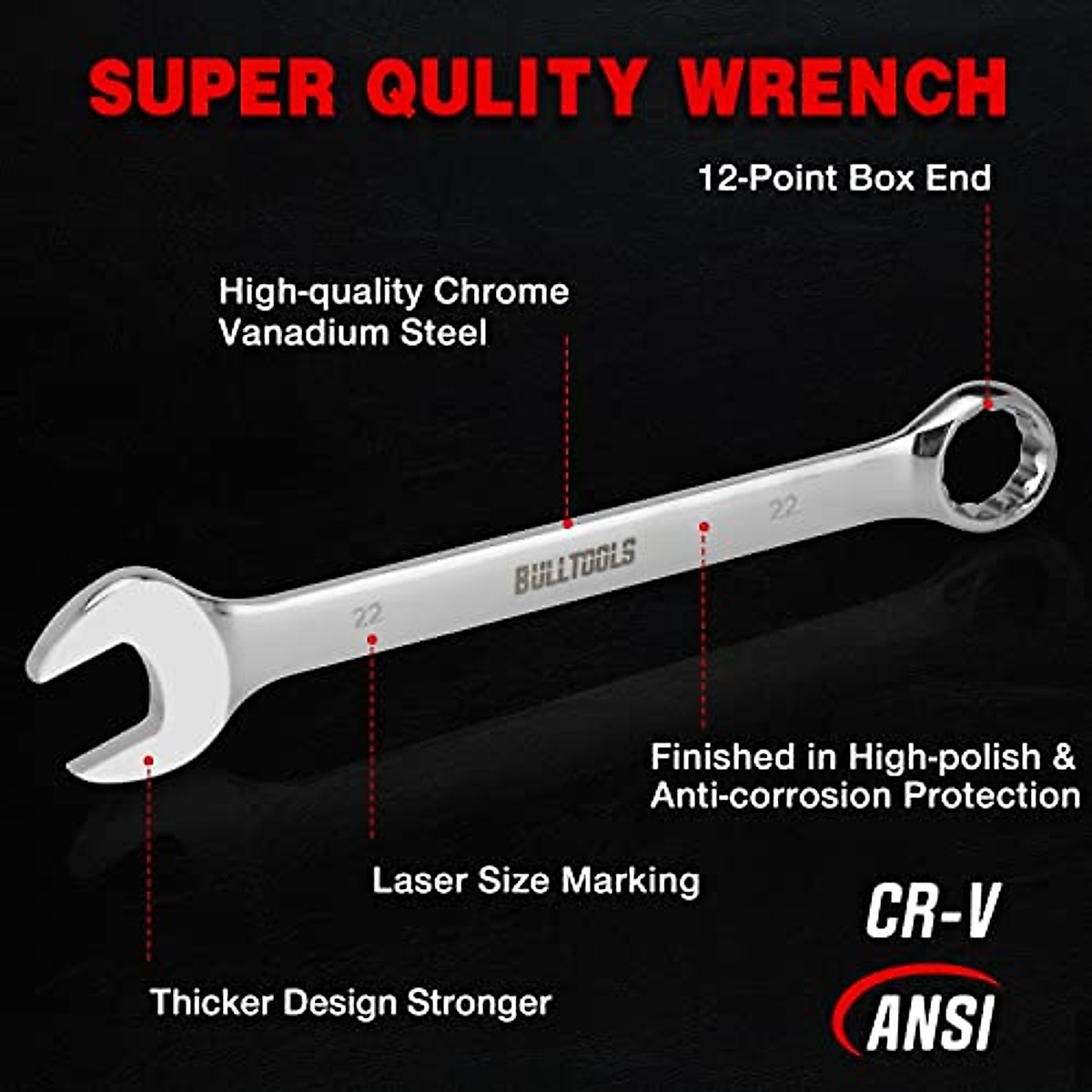 BULLTOOLS 32-Piece Combination Wrench Set, SAE and Metric 1/4"-1" & 7mm-22mm Wrenches Chrome Vanadium Steel Box End and Open End Standard Wrench Set with Case