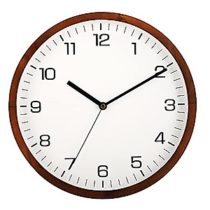 AROMUSTIME 12 Inches Round Wooden Wall Clock Battery Operated Silent Non-Ticking,Metal Pointer&Glass Cover, for Office Kitchen Bedroom Classroom&Living Room, Brown