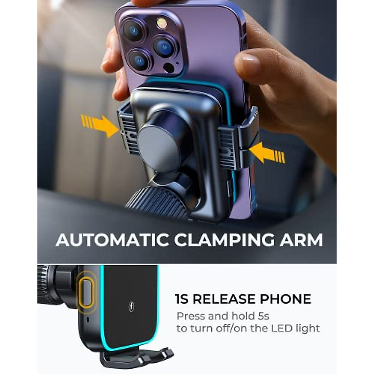 Wireless Car Charger Phone Mount: Dual Coil Joyroom LED Qi 15W Cell Phone Fast Charging Vent Holder with Auto Smart Sensor Clamping for iPhone 14 13 12 11 Pro Max, Samsung Galaxy S22 21 Note 20