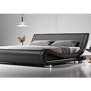 SHA CERLIN Queen Size Upholstered Bed Frame, Deluxe Low Profile Sleigh Bed with Faux Leather Ergonomics Headboard, No Box Spring Needed & Easy Assembly, Black