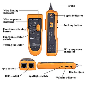 Network Cable Tester, RJ45 RJ11 Multi-Function Wire Tracer and Circuit Tester with Earphone for Cable Collation, Network & Telephone Line Test, Yellow