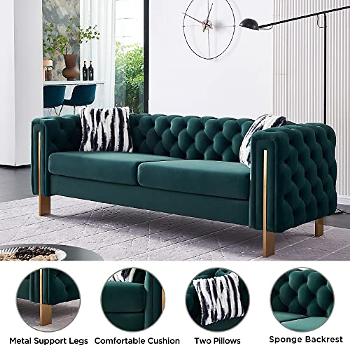 Akrenar Modern Sofa Couches for Living Room, 84 Inches Velvet Button Tufted Couch Upholstered Sofa with 2 Pillows and Metal Legs Decor Furniture for Bedroom, Office (Green)