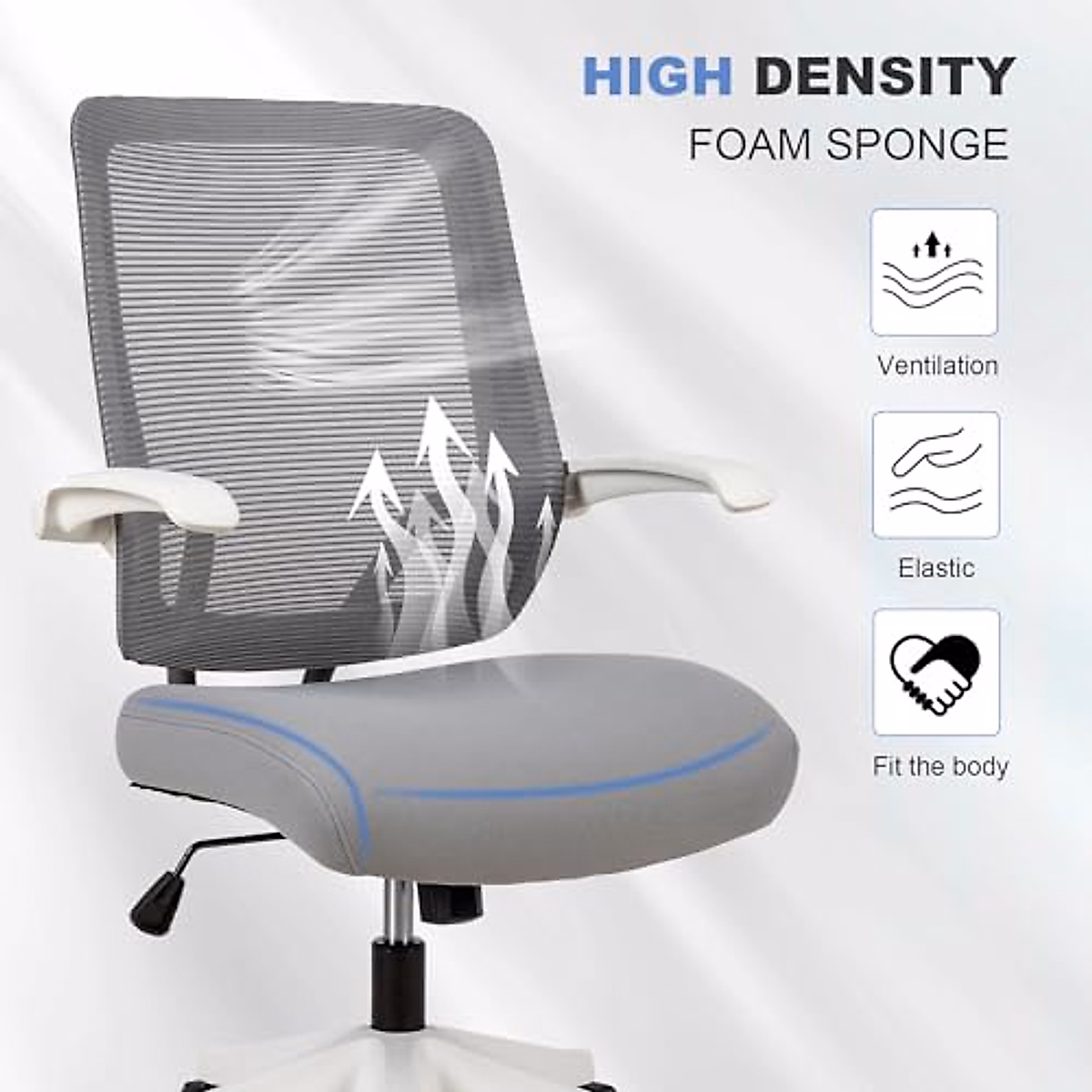 Home Office Desk Chair with Flip Up Armrest, Lumbar Support, Soft Sponge Seat, Breathable Mesh Mid Back Computer Chair, Swivel Task Chair, 300LBS Weight Capacity, Grey