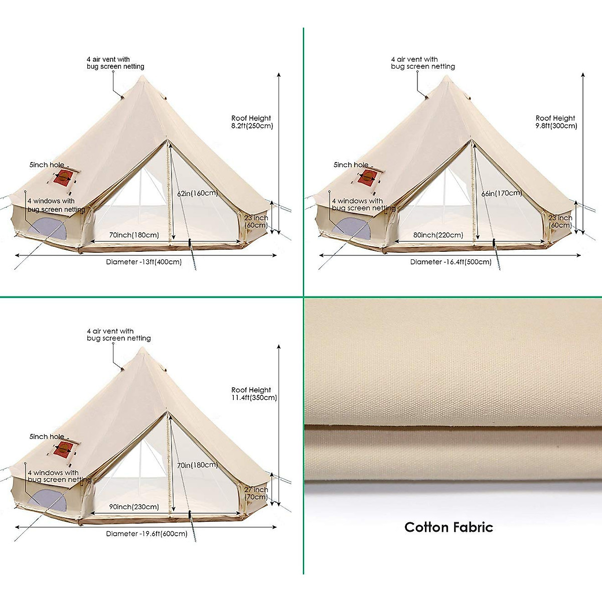 UNSTRENGH Large Beige Luxury 4-Season Camping Cotton Canvas Bell Tent Double Doors Camping Hunting Tent with Stove Jack Hole, Cable Hole