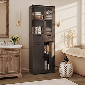 Gizoon 67" Tall Storage Cabinet, Freestanding Kitchen Pantry Cabinet with Glass Door & 2 Shelves & 2 Drawers, Stylish Linen Storage Cabinet for Home, Bathroom, Living Room, Office, Dark Brown