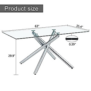 63 inch Glass Dining Table for 6, Silver Legs Rectangular Glass Kitchen Table, Glass Top Dining Table for 4-6 Persons Table Furniture for Home Office Kitchen Dining Room