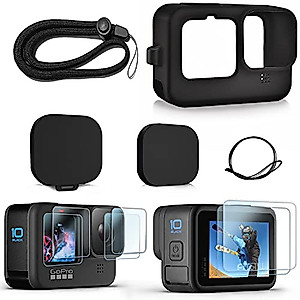 FitStill Silicone Rubber Case+2-Pack (6pcs) Tempered Glass Protector Compatible for Go Pro Hero11 / Hero10 / Hero9 Black,Soft Sleeve Cage Housing with Lens Cover Cap Lanyard Accessories Bundle Kit