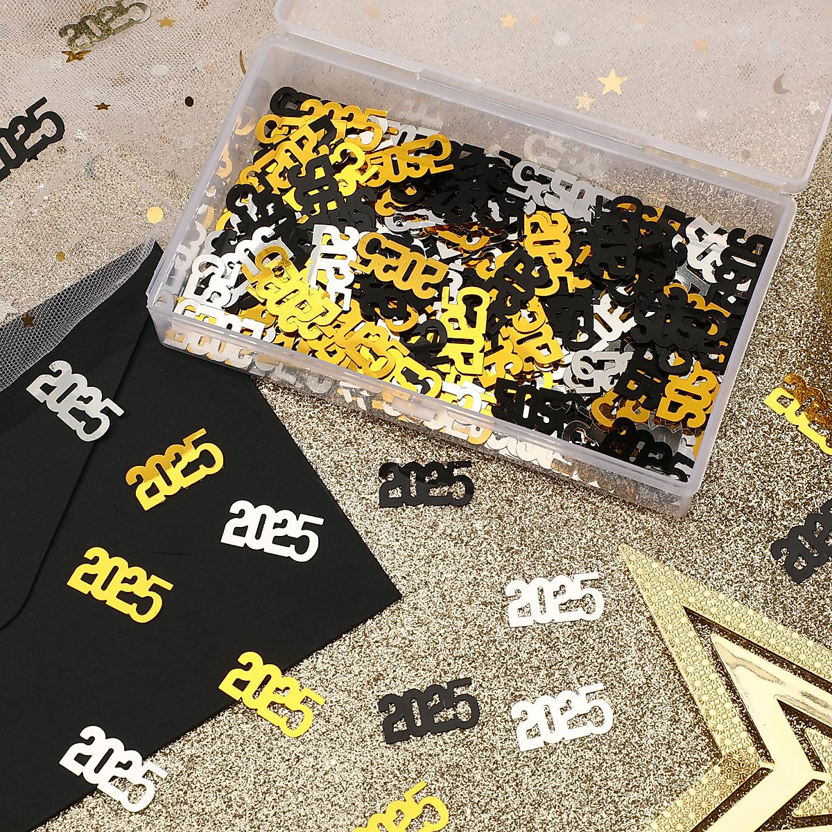 JULBEAR 2025 New Years Confetti, New Year Party Supplies Black Gold Silver 2025 Confetti New Year Eve Decorations 2025 Nye Table Centerpiece for Happy New Year Gift New Years Theme Events Decorations
