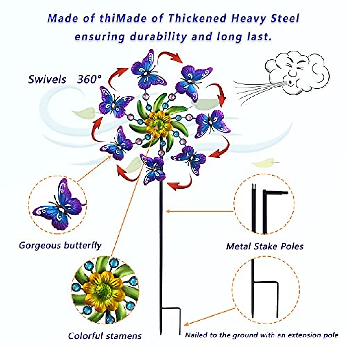 COOZZYHOUR 39" Butterfly Wind Spinner Stake for Yard and Garden ,Outdoor Metal Windmill,Single Direction Wind Sculptures, Kinetic Windmills Catchers for Garden Decorations.