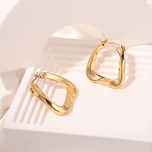 Twist Hoop Earrings, 18K Gold Plated Small Thick Chunky Irregular Hoop Earrings for Women
