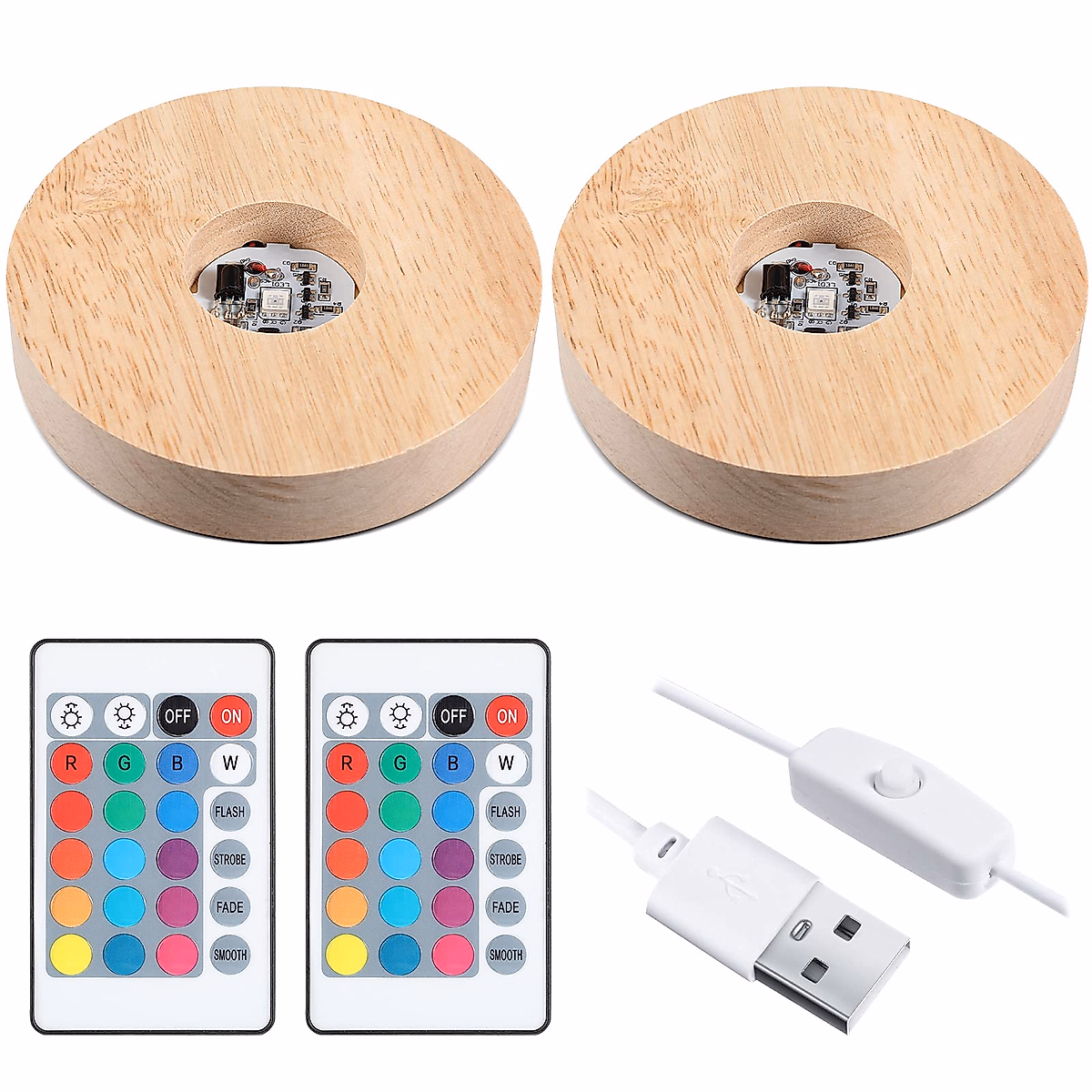 3.94 Inch Wooden Light Stand Base Colorful LED Lights Display Base with Remote Control for Selenite Tower 3D Laser Crystal Glass Resin Art (2 Pieces)