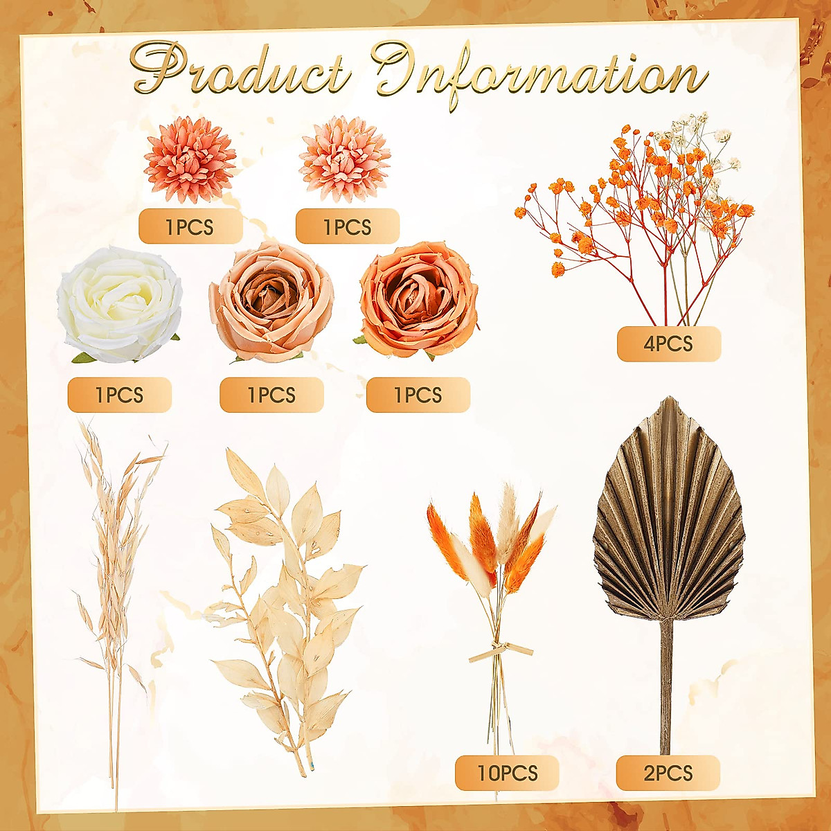 28 Pcs Boho Cake Topper Decorations Vintage Artificial Rose Flowers Leaves for Cake Decorating Kit Dried Faux Flower Decor for Bohemian Wedding Bridal Baby Shower Birthday Party Supplies (Orange)