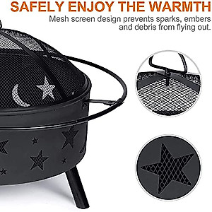 LEAYAN Garden Fire Pit Grill Bowl Grill Barbecue Rack Round Outdoor Fire Pit, Large Wood Burning Fire Pit w/Spark Screen, Wrought Iron Bonfire Fire Pit for Party, BBQ, Heating, Patio, Garden