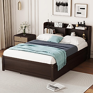 Harper & Bright Designs Full Bed Frame with Trundle, Full Trundle Bed with Bookcase Headboard, Wood Full Size Platform Bed with Twin Trundle Bed Under for Kids Girls Boys, Espresso